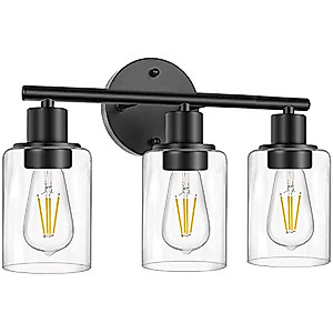 3-Light Bathroom Light Fixtures, Black Bathroom Wall Lights, Modern Bathroom Vanity Light with Clear Glass Shade, Bathroom Wall Lamp for Mirror Kitchen Bedroom Living Room Hallway Cabinet Porch