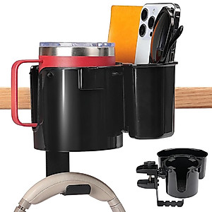 yamagahome Desk Cup Holder, 2 in 1 Large Table Cup Holder with Headphone Hanger, Anti-Spill Cup Holder for Water Bottles 18-40 oz, for Wheelchairs, Workstations, Gaming Desk Accessories black