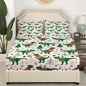 Christmas Fitted Sheet for Kids Boys Girls Cartoon Dinosaur Christmas Tree Bedding Set Snowman New Year Bed Sheet Set Bedroom Decor Xmas Theme Bed Cover Twin Size 2Pcs