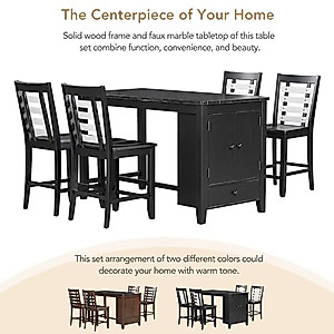 Aiuyesuo Rustic 5-Piece Dining Table Set with Faux Marble Tabletop, Rectangle Dining Table with Storage Cabinet and Drawer, Solid Wood Counter Height Table Set for Dining Room Kitchen (Black-SGH05)