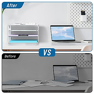 DALTACK 3 Tier Letter Tray Paper Organizer with Handle, Mesh Desk File Organizer, Paper Tray Desk Organizer for School Office Home, Metal Mesh, White