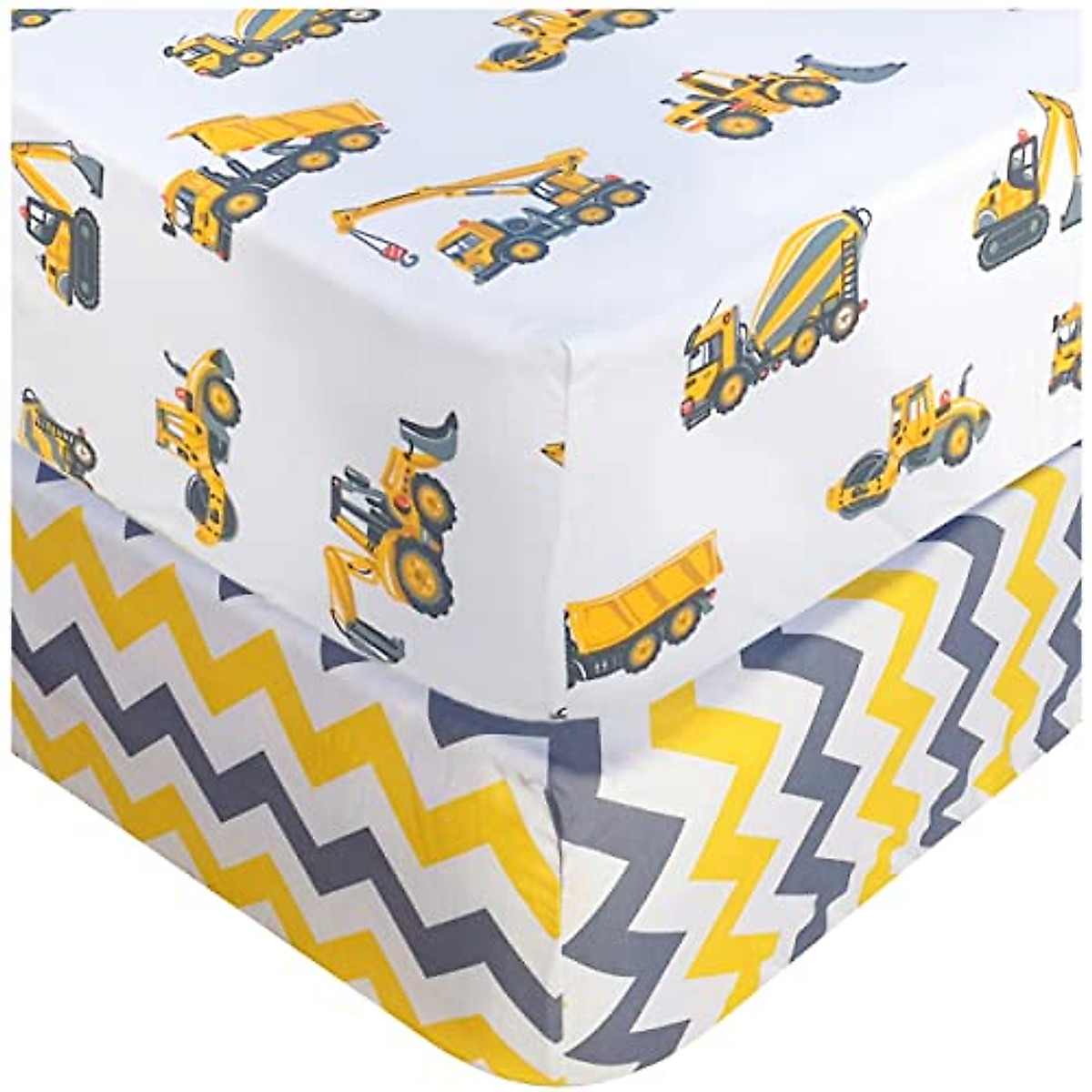 Handywa - 100% Cotton 2 Pack Fitted Crib Sheet Set for Baby and Toddler Bed Mattresses - Yellow Gray Construction Trucks and Chevron for Boy Nursery