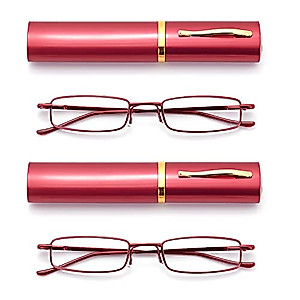 HIGHLIKE 2-Pack Slim Pocket Reading Glasses Men Women, Compact Readers Super Clear Lens, Spring Hinge Metal Frame Eyeglasses, Red Red 2.0 x