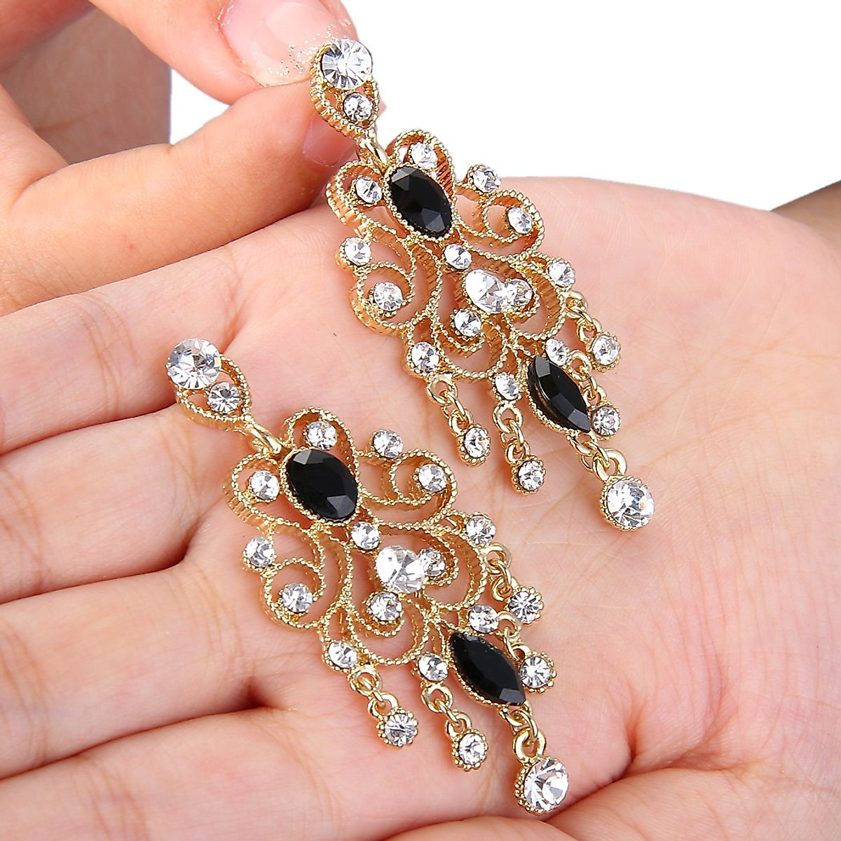 BriLove Wedding Bridal Dangle Earrings for Women Vintage Style Crystal Drop Hollow Filigree Chandelier Dangle Earrings Black Gold-Toned