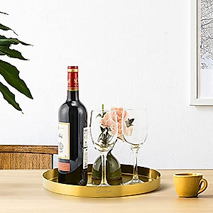 Gold Tray Round Serving Platter - Metal Decorative Plate for Bar Club Lounge Coffee Table Centerpieces Perfume Vanity Jewelry Display Cosmetic Storage Counter Bathroom Organizer (12" W x 3/4" H)