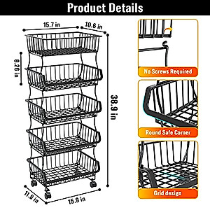 Fruit Vegetable Basket for Kitchen, 5 Tier Stackable Metal Wire Storage Basket Organizer Baskets with Rolling Wheels, Utility Rack for Kitchen, Pantry, Bathroom