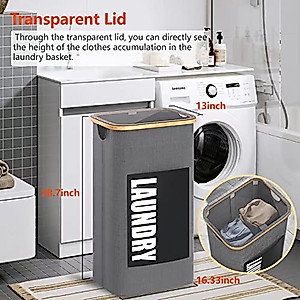 Upgraded Large Laundry Basket with Lid, 100L Tall Hamper Bamboo Handles [Support Reinforcement] Collapsible Dirty Clothes Front Pocket & Inner Bag for Bedroom, Bathroom, Gray, XL