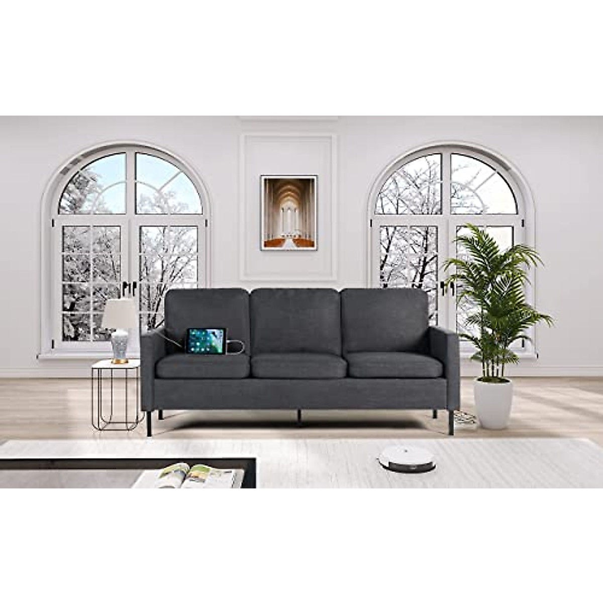 STHOUYN 72" W Fabric 3 Seater Couch with 2 USB, Comfortable Sectional Couches and Sofas for Living Room Bedroom Office Small Space, Easy Assembly & Comfy Cushion (72" 3-Seater Sofa, Dark Grey)