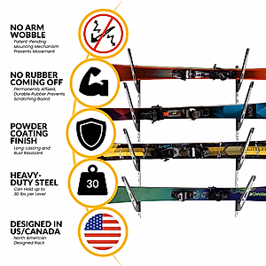 SteelChimp Ski Storage Rack for Garage | 4-Tier Horizontal Ski Rack and Indoor Garage Organizer | Anti-Sway Patent-Pending Arm Wall Mount | USA Designed