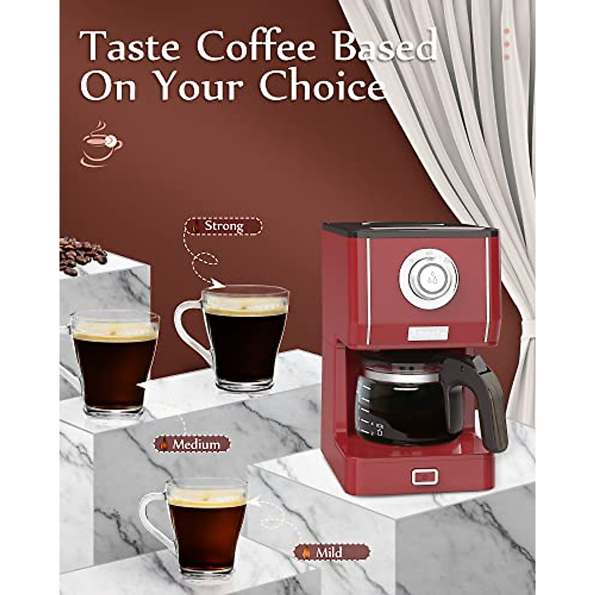 Amaste Coffee Maker, 25 Oz Drip Coffee Machine with Glass Coffee Pot, Retro Style Coffee Maker with Reusable Coffee Filter & Three Brewing Modes, 30minute-Warm-Keeping