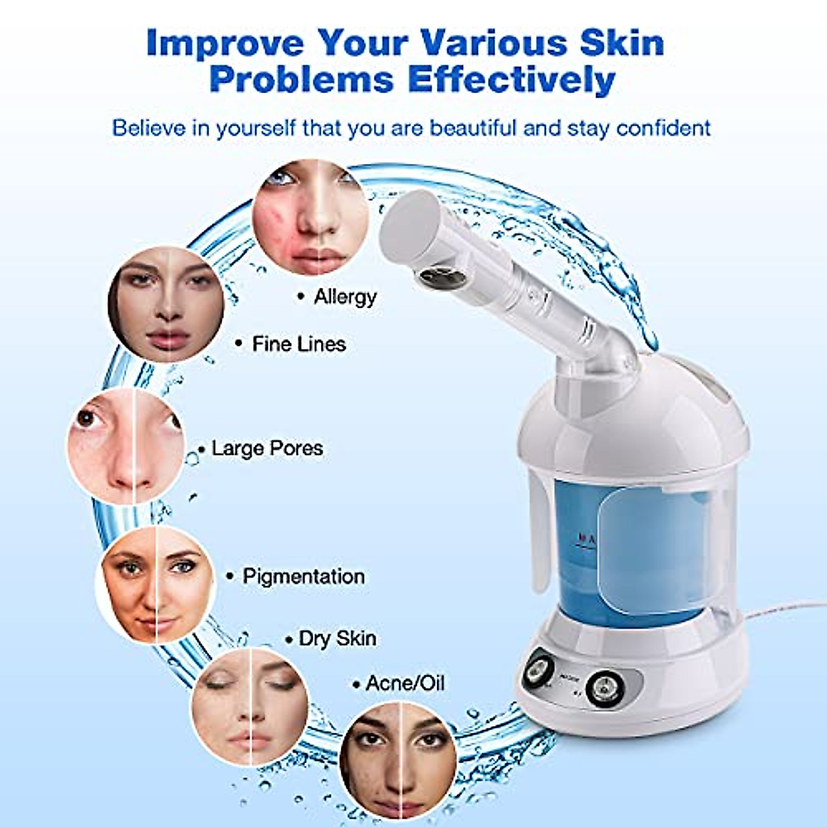 Nano Ionic Facial Steamer with 360° Rotating Nozzle, Portable Facial Steamer for Personal Care Use at Home or Salon Bonus 1 Piece Spa Headband 4 Piece Stainless Steel Skin Kit (White)
