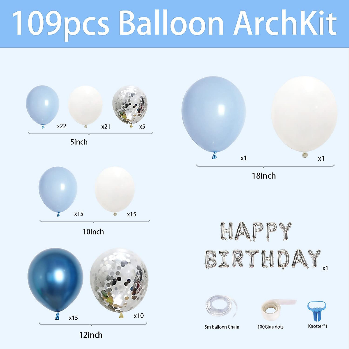 Blue Balloon Garland Arch Kit, Metallic Blue White and Silver Confetti Latex Balloons for Birthday Baby Shower Wedding Graduation Anniversary Frozen Winter Party Background Decorations