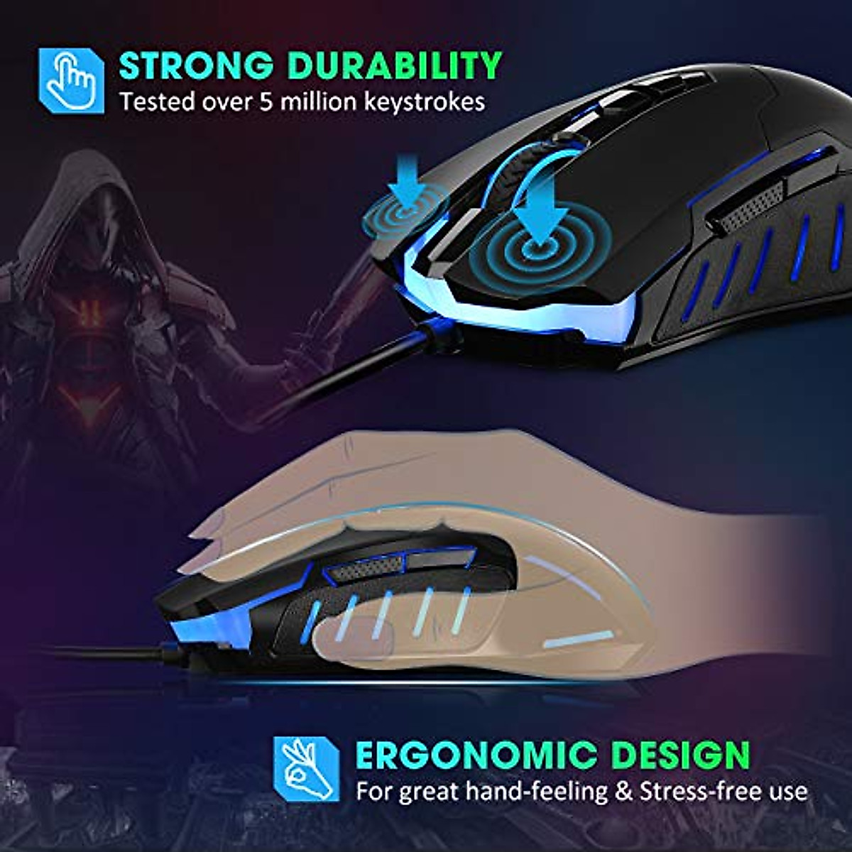 WEEMSBOX Wired Gaming Mouse [Breathing RGB LED] [Plug Play] High-Precision Adjustable 7200 DPI, 7 Programmable Buttons, Ergonomic Computer USB Mice for Windows/PC/Mac/Laptop Gamer