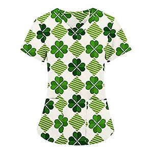 St. Patrick Leaf Printed Short Sleeve Tops for Women Scrub_Tops Non-Positioning Print Working Uniform Casual Loose Shirt