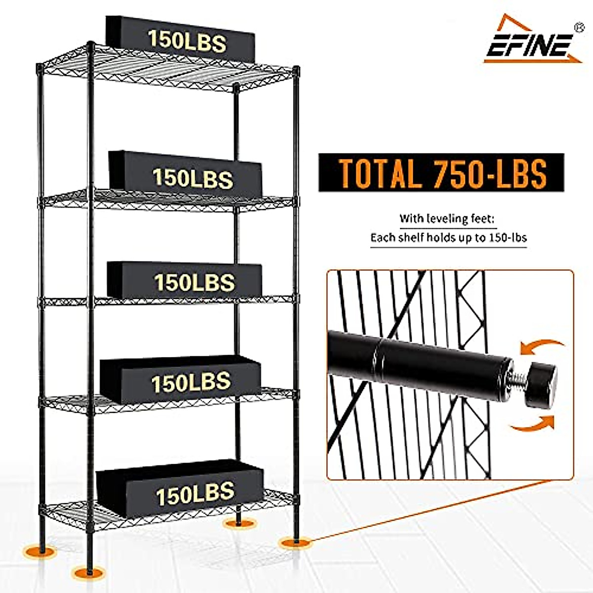 EFINE 5-Shelf Shelving Unit with Shelf Liners Set of 5, Adjustable, Steel Wire Shelves, 150lbs Loading Capacity Per Shelf, Shelving Units and Storage for Kitchen and Garage (30W x 14D x 60H) Black