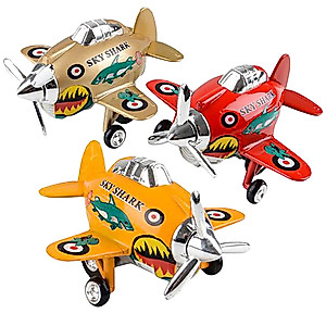 ArtCreativity Diecast Skyshark Planes with Pullback Mechanism, Set of 3, Diecast Metal Jet Plane Toys for Boys, Pull Back Airplane Party Favors, Goodie Bag Fillers for Kids