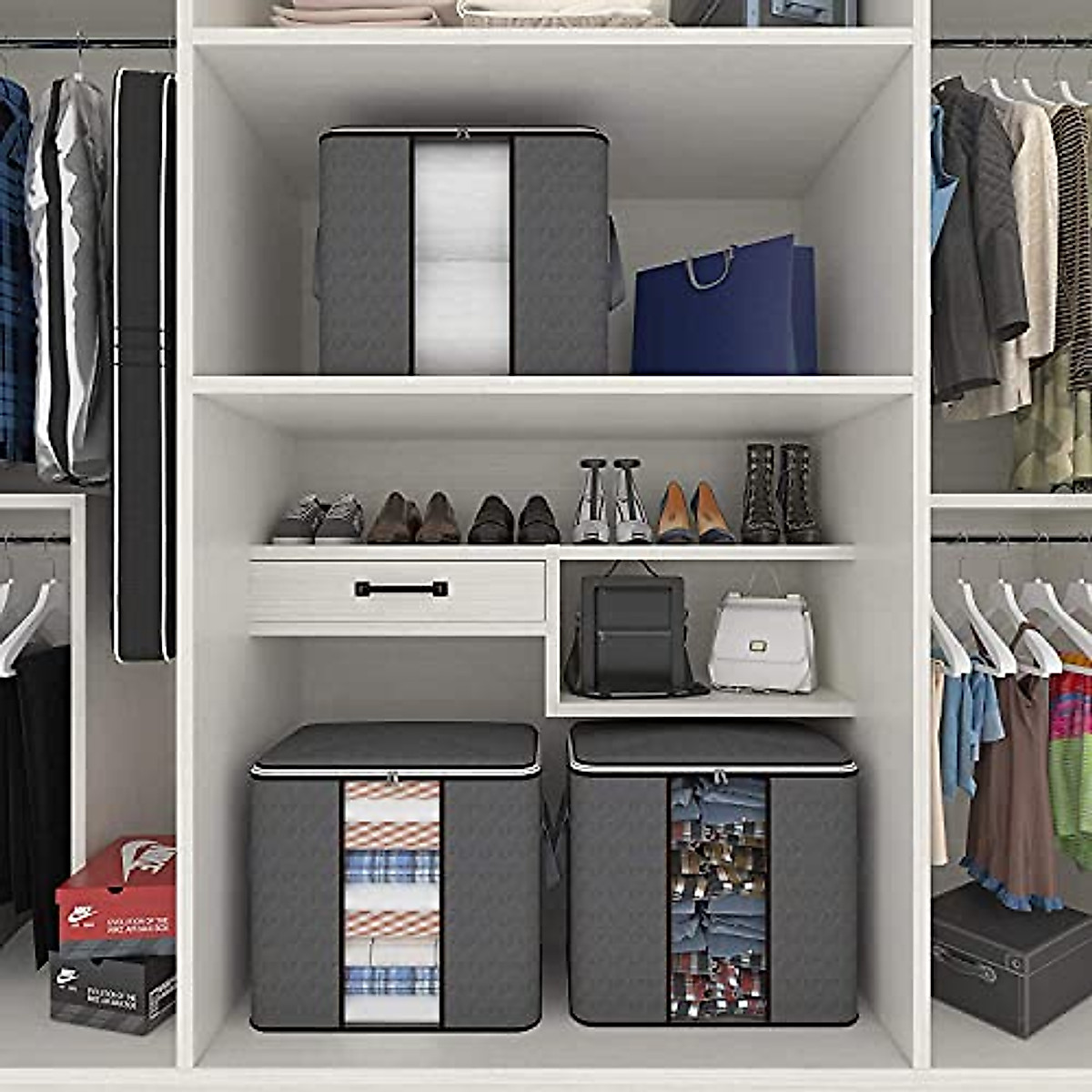 Clothing Storage Bag,1 Pack Large Capacity Clothes Storage Bag Organizer with Reinforced Handle Thick Fabric for Comforters,Blankets,Bedding,Foldable with Sturdy Zipper,Clear Window, 90L,Grey (1 Pack-19.7 x 19.7 x 14.2 inches)