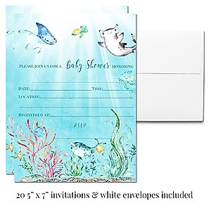 Amanda Creation Underwater Cute Sea Life Baby Shower Party Bundle Includes 20 each of Invitations with Envelopes + 4 Different Sizes of Decorative Stickers, Diaper Tickets & Bring a Book Cards
