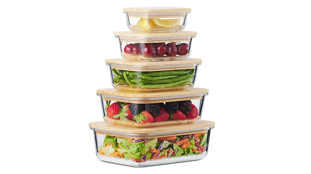 Eco-Friendly Glass Food Storage Containers with Bamboo Lids - Set of 5