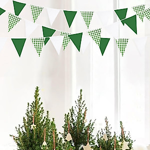 32Ft Green Party Decorations Green Buffalo Plaid Checkered White Triangle Flag Gingham Pennant Bunting Fabric Garland for Wedding Birthday Picnic BBQ Outdoor Golf Party Dinosaur Arbor Day Decorations
