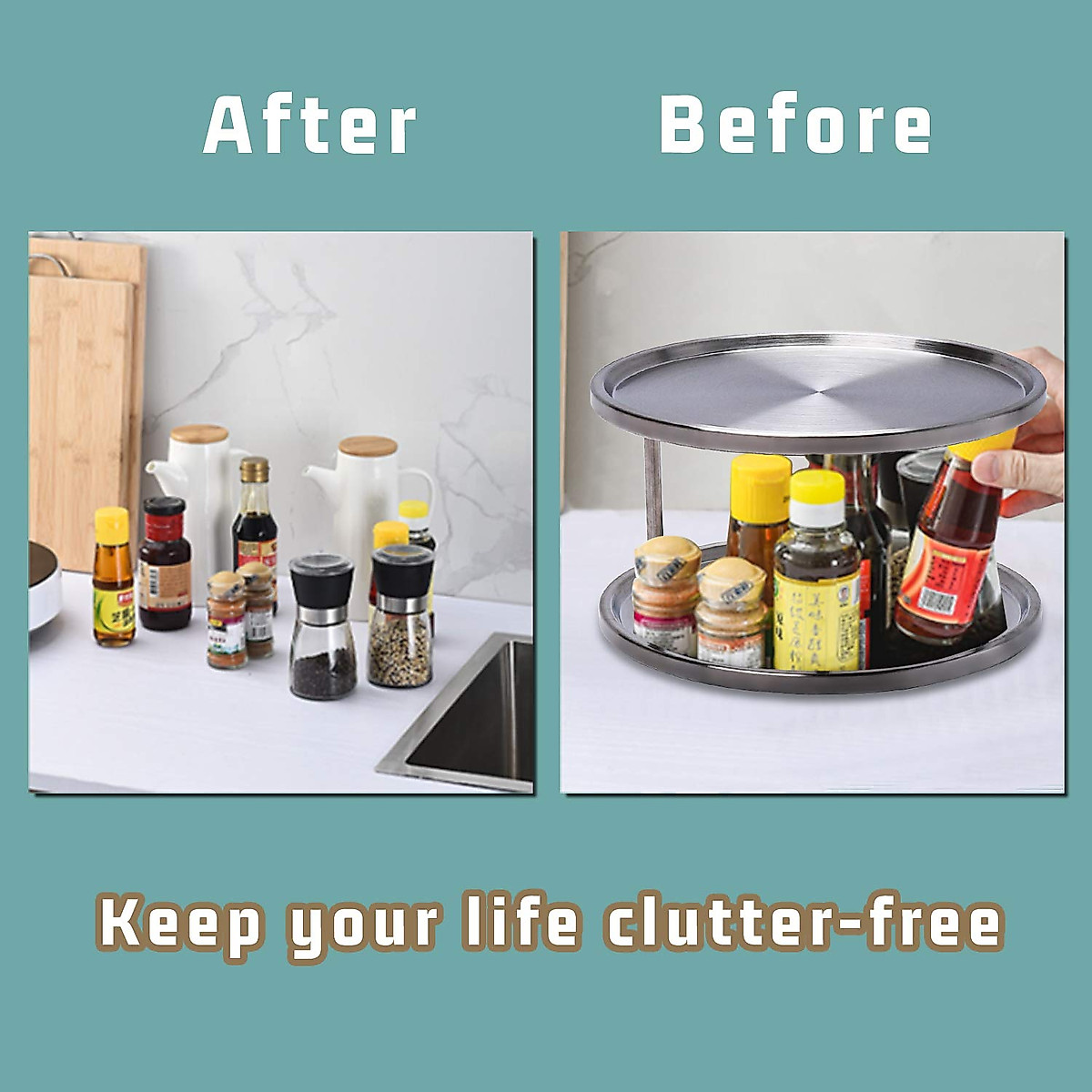 2 Tier Lazy Susan Turntable Organizer,Stainless Steel 360 Degree Turntable Pantry cabinet Turning Table Spice Rack Organizer Tray for Kitchen Bathroom Bedroom Parlor