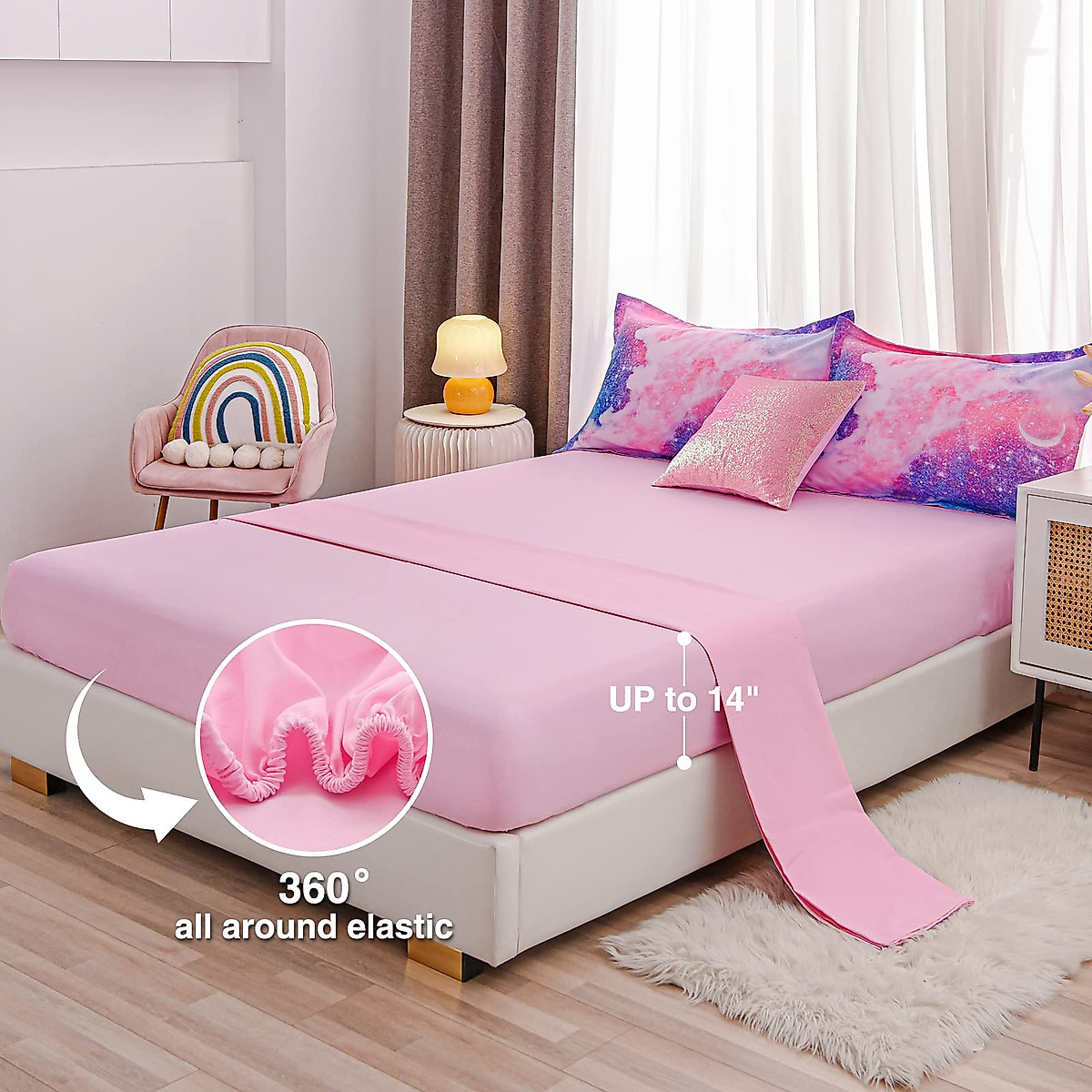 A Nice Night Galaxy Bedding Sets Outer Space Comforter 3D Printed Space Quilt Set Full 6Pcs Glitter Pink,for Children Boy Girl Teen Kids