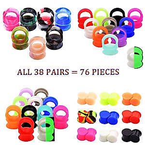 Longbeauty 36Pcs/76Pcs Colorful Soft Silicone Ear Gauges Flexible Ear Skin Tunnels Earlets Plugs Stretcher Expander Set Piercing Jewelry 2g-3/4