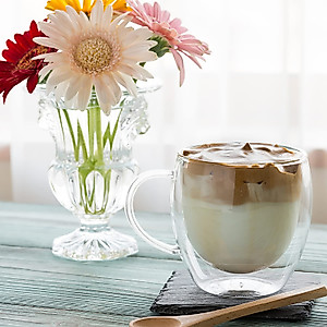 Set of 4 Cappuccino Glass Mugs,Double Wall Insulated Coffee Mugs,Clear Glass Mugs with Handle,Glass Coffee Cups,Perfect for Latte, Americano, Espresso,Cappuccinos,Tea, Beverage(250ml /8.45oz)