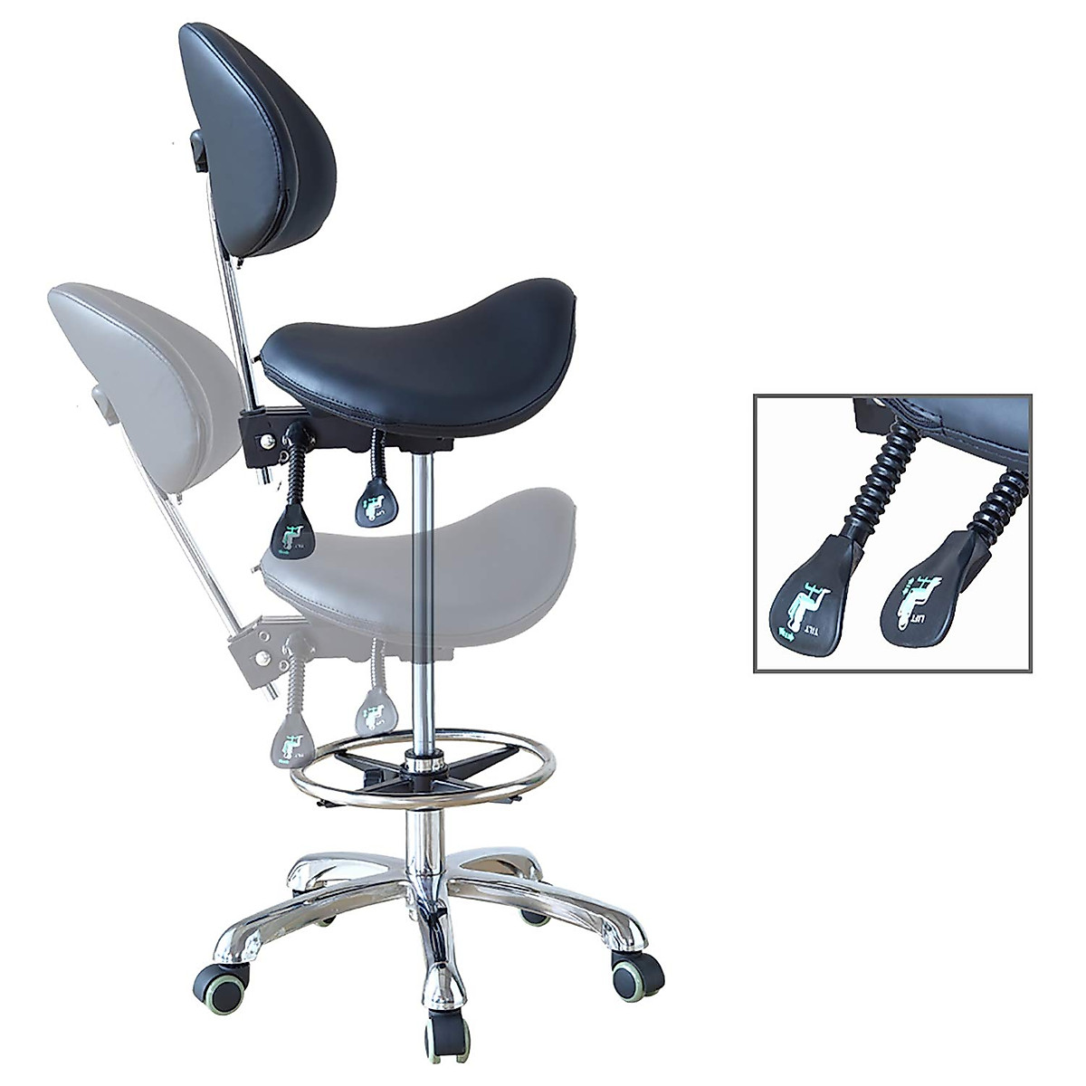 FOHGFNT Saddle Stool Rolling Chair with Back Support Ergonomic Seat Hydraulic Adjustable with Footrest for Home Office Dental Salon Shop Use, Black…