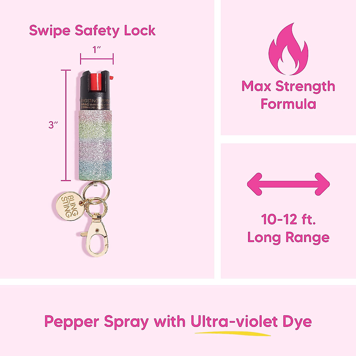 BLINGSTING Pepper Spray for Women - Maximum Strength OC Self Defense Spray - 12 ft Range - UV Marking Dye for Police ID - Safety Lock - Rainbow