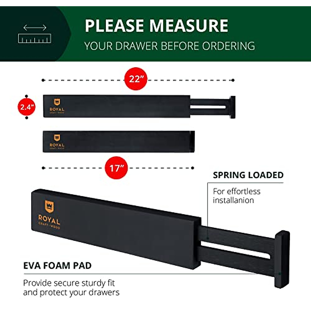 ROYAL CRAFT WOOD Black Drawer Dividers 22IN and Expandable Utensil Drawer Organizer