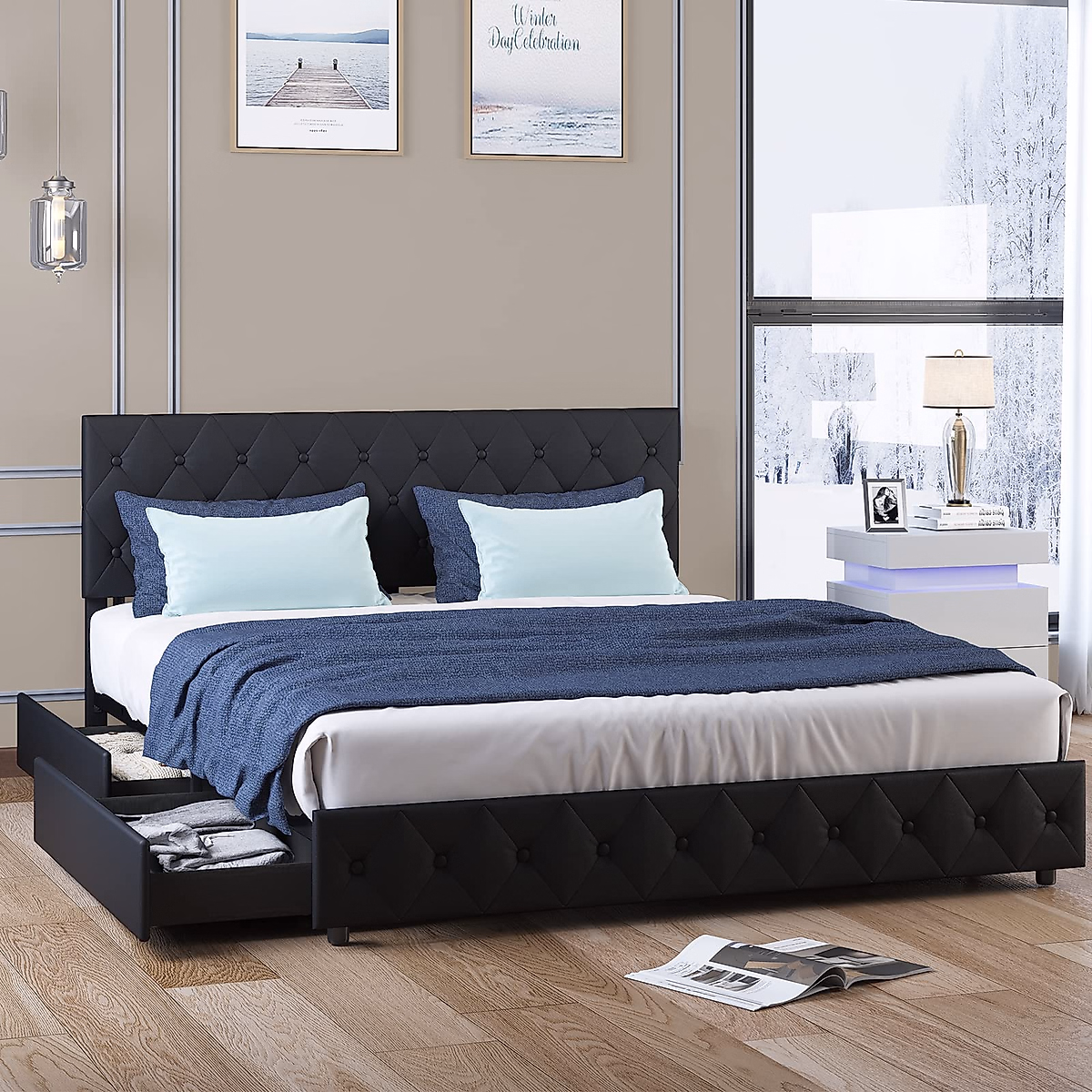 Mjkone King Bed Frame with 4 Storage Drawers, PU Leather King Size Upholstered Platform Bed Frame with Adjustable Headboard, No Box Spring Needed/Easy Assembly/No Mattress (King, Black)