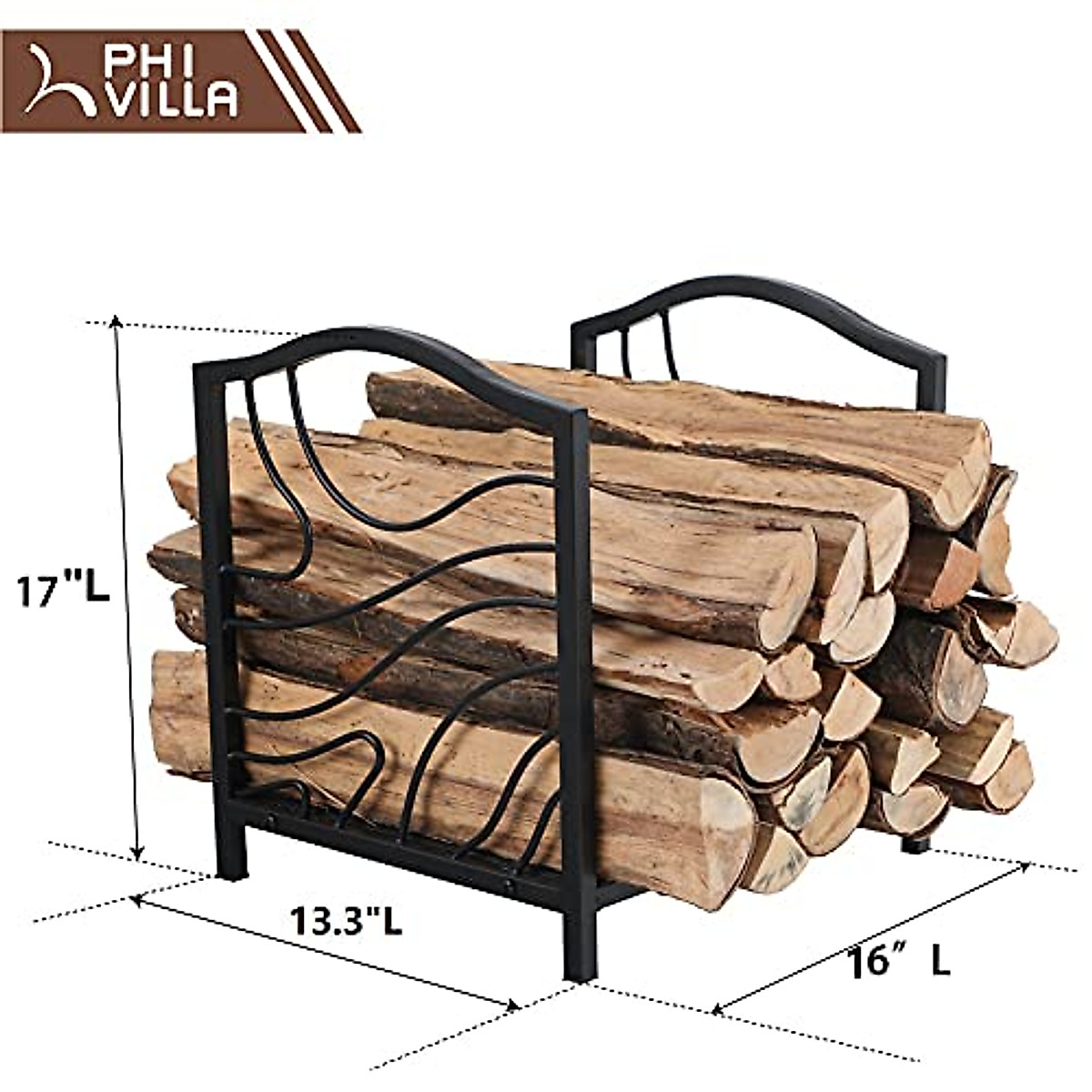 PHI VILLA 17 Inch Firewood Log Rack Bin Indoor/Outdoor Decor Steel Fireplace Wood Holder Storage Brackets Holder Wood Burning Stove Accessories, Black Wave