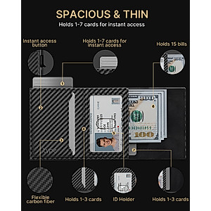 typecase Mens Wallet Card Holder: Pop Up Aluminum Case, Genuine Leather, Smart, RFID Blocking, Slim, Minimalist, Front Pocket - 9-14 Card Capacity | ID Window | Cash Slot (Carbon Fiber)