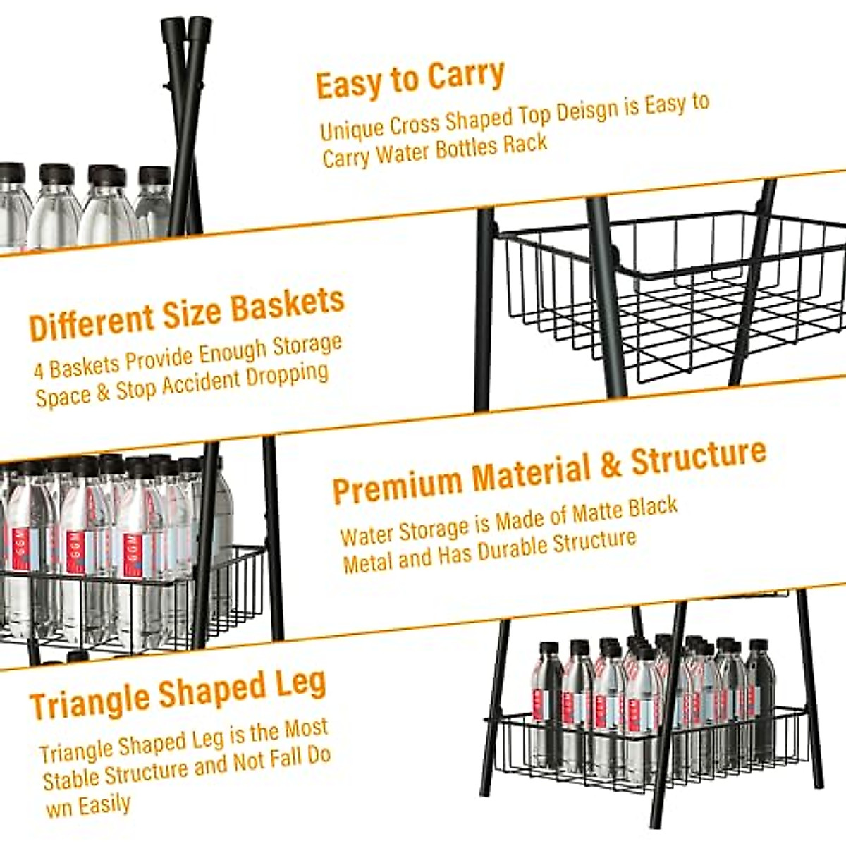 ETELI Water Bottle Organizer Storage 4 Tier Metal Drink Beverage Organizer Free Standing Triangular Water Bottle Rack Stand Holder Shelf for Kitchen Pantry, Black