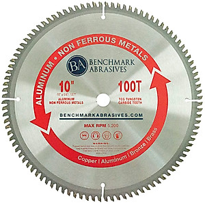 Benchmark Abrasives 10" TCT Saw Blade with 5/8" Arbor, Circular Saw Blades for Cutting Plastic Aluminum Non-Ferrous Metals Fiberglass, Smooth Cutting ‎(10" - 100 Teeth)