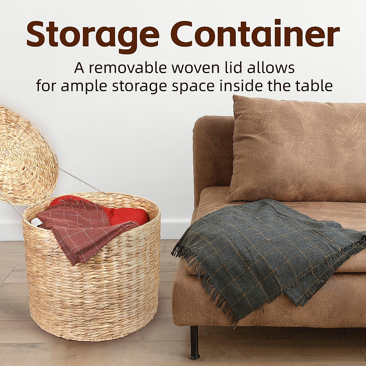 KOL Nesting Multipurpose Handwoven Storage Basket (Set of 2), Round Rattan Natural Stool/Side Table, Handwoven Organizer with Removable Lid, Dia 17"x14" H. & Dia 15"x12" H.