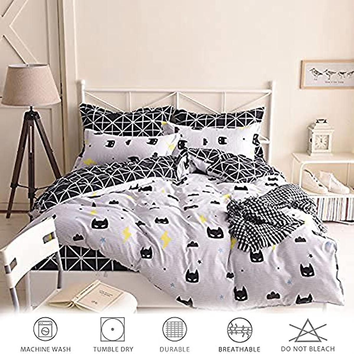 2 pcs Duvet Cover for Kids Boys Girls, 100% Microfiber Twin Duvet Cover, Black White Printed Pattern Ultra Soft Duvet Cover Set, Quilt Cover for Teens with Comforter Cover (no Comforter)