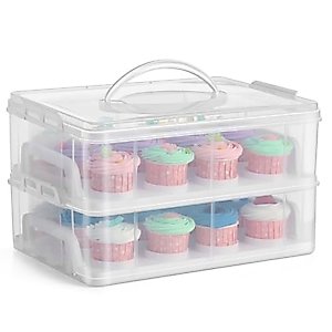 Flexzion Cupcake Carrier, Cupcake Holder for 24 Cupcakes, Portable and Reusable Rectangular Cake Carrier with Lid and Handle, 2 Tier Stackable Layer Insert (Clear)