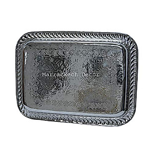 13.3 Inch Rectangular Moroccan Handmade Serving Tea Tray Silver Plated Brass Handcrafted Plate in Fez Morocco