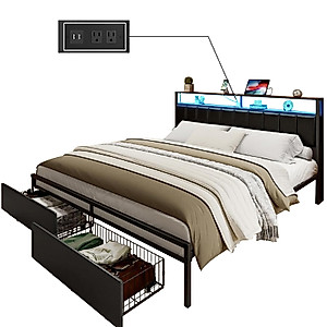 LUXOAK Queen Bed Frame with 2 Storage Drawers, 2-Tier Storage PU Headboard with Charging Station& LED Lights, Metal Platform Bed/No Box Spring Needed/Noise Free/Black