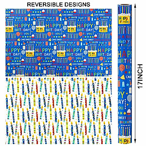Homeral Reversible Birthday Wrapping Paper Roll- Mini Roll- 46.8sq.ft(17in x 33ft) Blue Colorful Birthday Design for Birthday, Baby Shower, Party