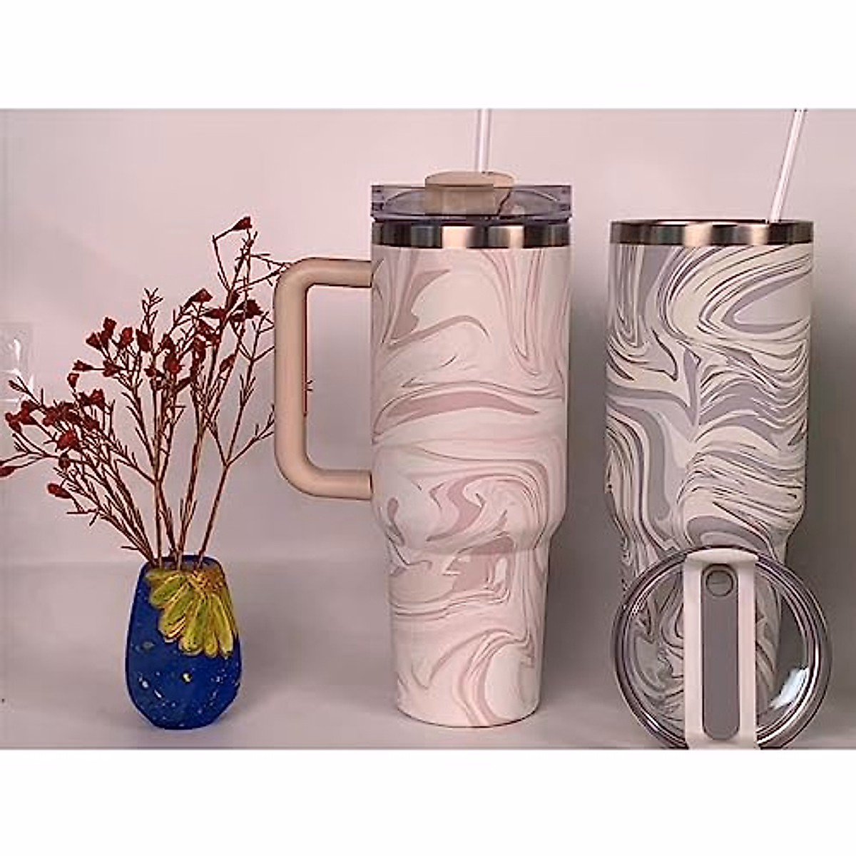 40 oz Tumbler with Handle and Straw Travel Mug Straw Covers Cup Stainless Steel Vacuum Insulated Tumbler for Water, Iced Tea or Coffee, Smoothie (PINK)