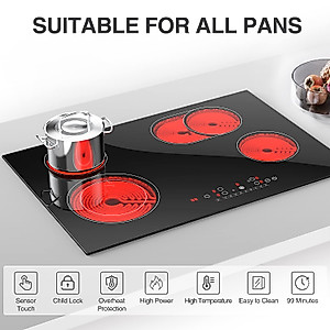 Electric Cooktop 30 Inch, 7200W Electric Stove Top with 4 Burners 220-240v, ANHANE Electric Ceramic Cooktop, 9 Heating Levels, Timer & Kid Safety Lock, Suitable for all Cookware, Without Plug