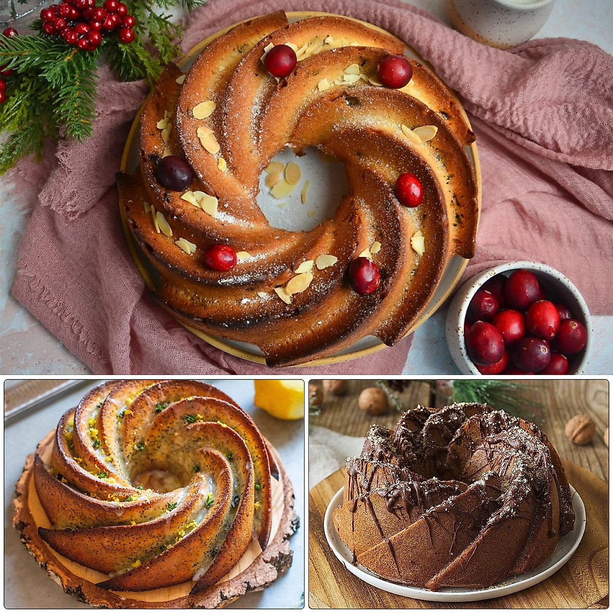 NEZART Silicone Cake Pans, Savarin Kitchen Cake Pans Mold, Non-stick Fluted Cake Pan with Spiral Design for Cake Jello Bread Birthday Party Perfect Bakeware for Cake, Jello, Gelatin, Bread