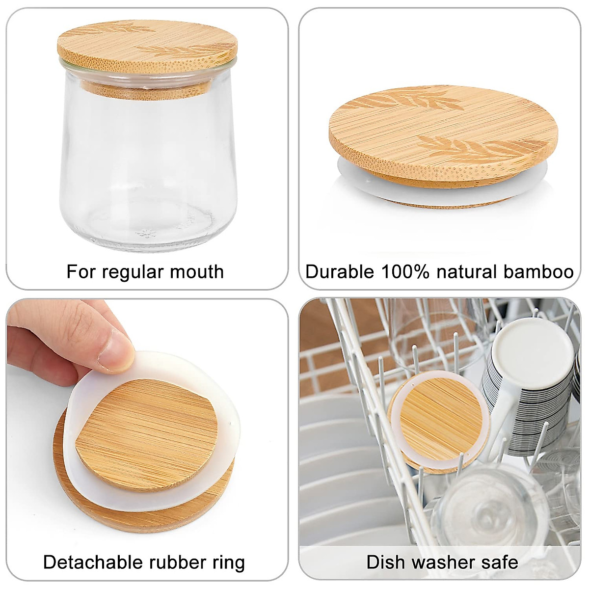Mason Life Oui Bamboo Jar Lids Set with Silicone Sealing Rings, Leaves Pattern, for 5 Oz Yogurt Jars