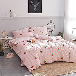 AOJIM Duvet Cover Set Pure Cotton Cute Pink Anime Bedding Set 3 PCS with Zipper Closure, 1 Kawaii Strawberry Duvet Cover and 2 Pillowcases, Japanese Style Quilt Cover Queen, No Comforter
