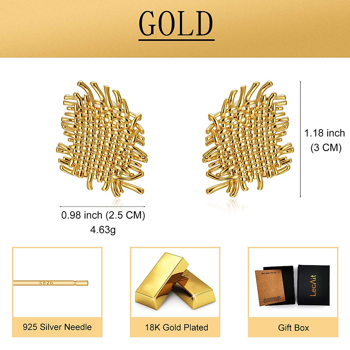 LecAit Statement Earrings for Women S925 Sterling Silver Dainty 14k Gold Stud Earrings Hypoallergenic Handmade Woven Metal Women's Ear Studs