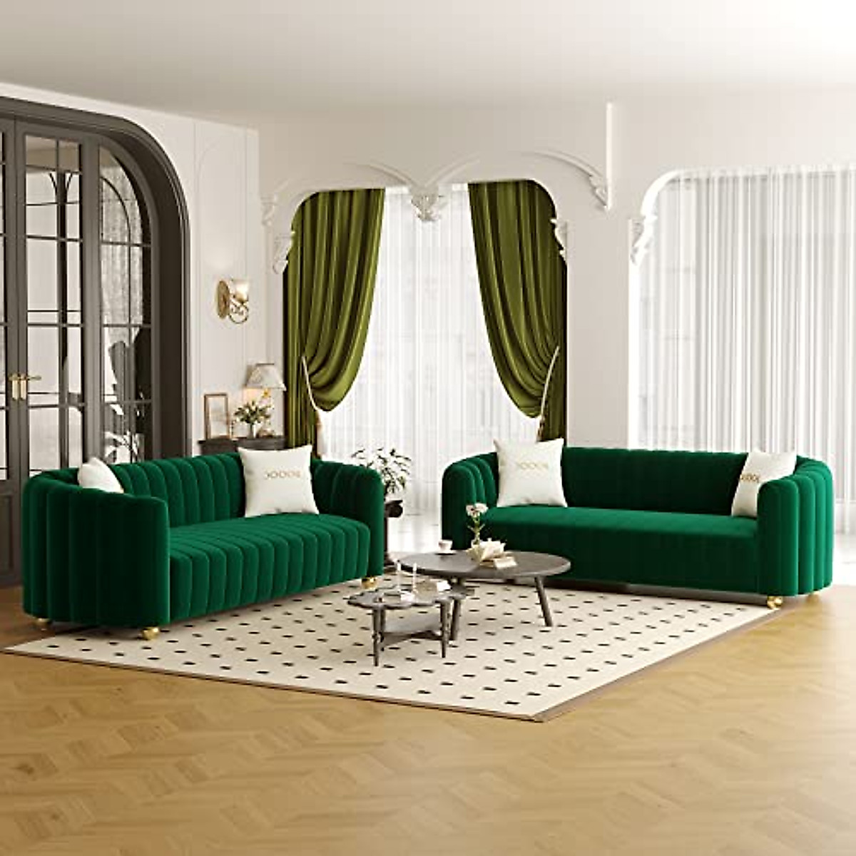 IQIAite 83'' Luxury Velvet Sofa Couch for 3 Person Fashion Couch with 2 Pillows, Metal Legs Solid Wood Frame Chesterfield Sofa Couch for Living Room/Hotel (Green)