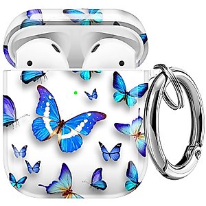 Maxjoy for AirPods Case Cover, Clear AirPod Case for Women Girly Cute Soft Protective Transparent iPod Case with Keychain Clip for AirPods 2nd 1st Generation Charging Case 2&1, Blue Butterfly